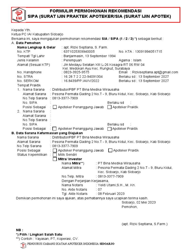 Formulir Permohonan Rekomendasi Sipa Dan Sia | PDF