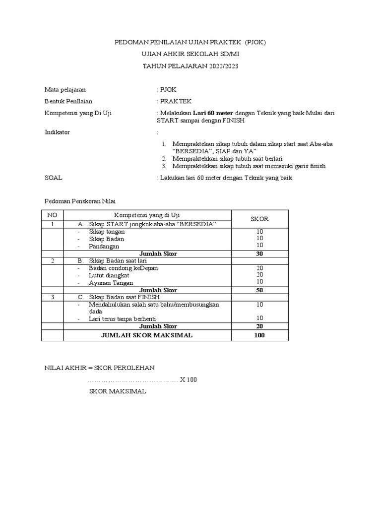 Pedoman Penilaian Ujian Praktek Pjok SD 2023 | PDF