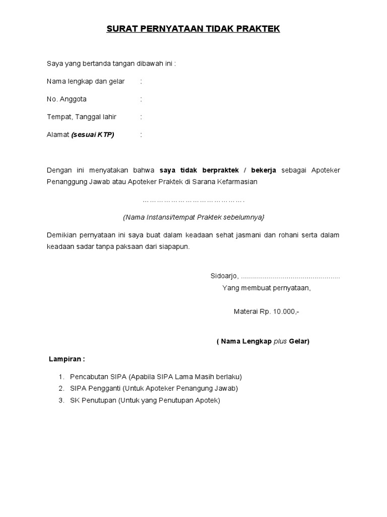 SURAT KETERANGAN TIDAK PRAKTEK Apt | PDF