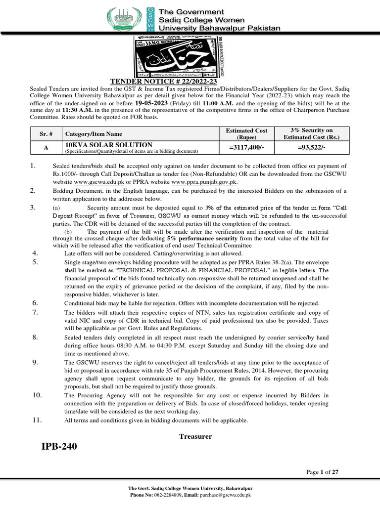 Tender for 10kW Solar Solution GSCWU | PDF | Photovoltaics ...