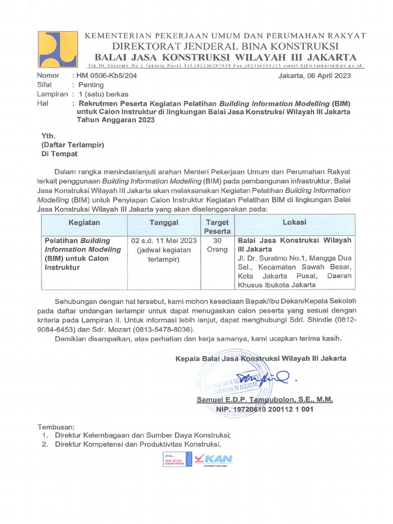 Surat Rekrutmen Peserta Pelatihan BIM Instruktur | PDF
