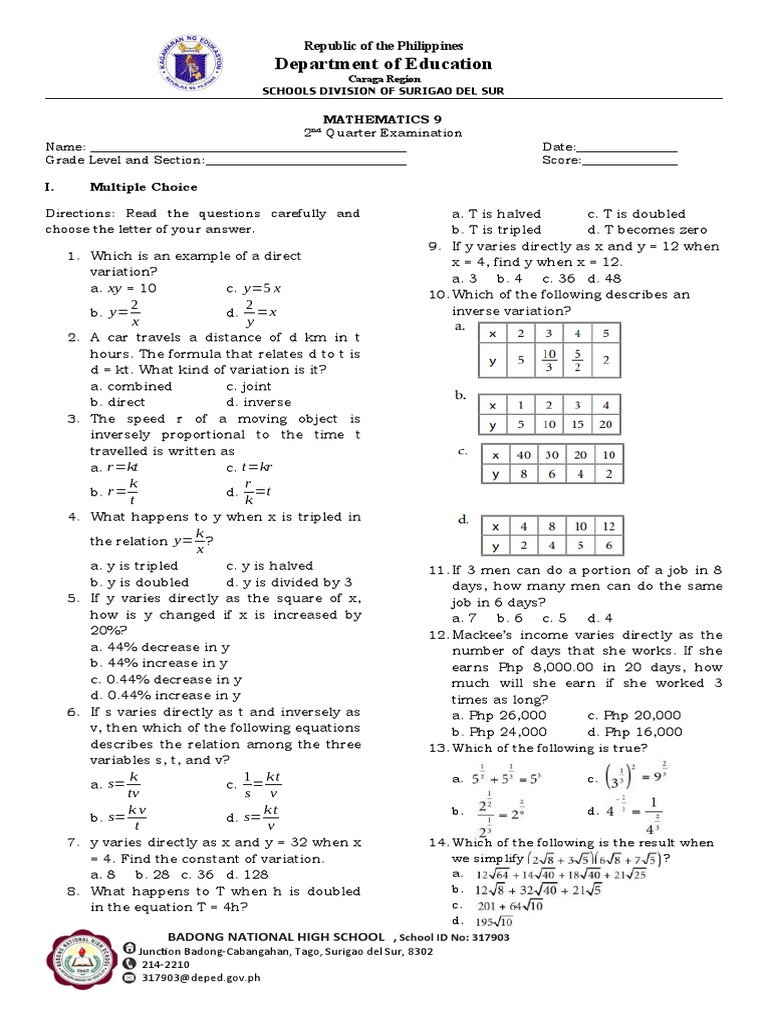 Math 9-2nd Quarter Examination | PDF | Mathematical Concepts | Mathematics