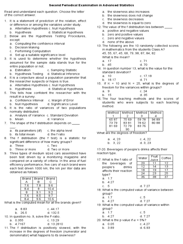 Second Periodical Examination in Advanced Statistics | PDF | Statistics ...