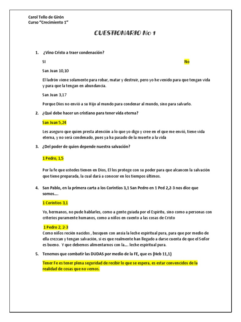 CUESTIONARIO No 1 - Carol Tello de Girón | PDF | Salvación | Cristo ...