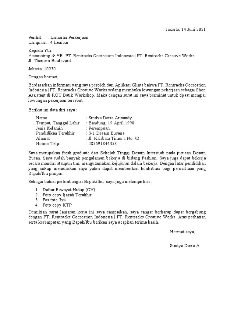Contoh Surat Lamaran Kerja Fresh Graduate PDF | PDF