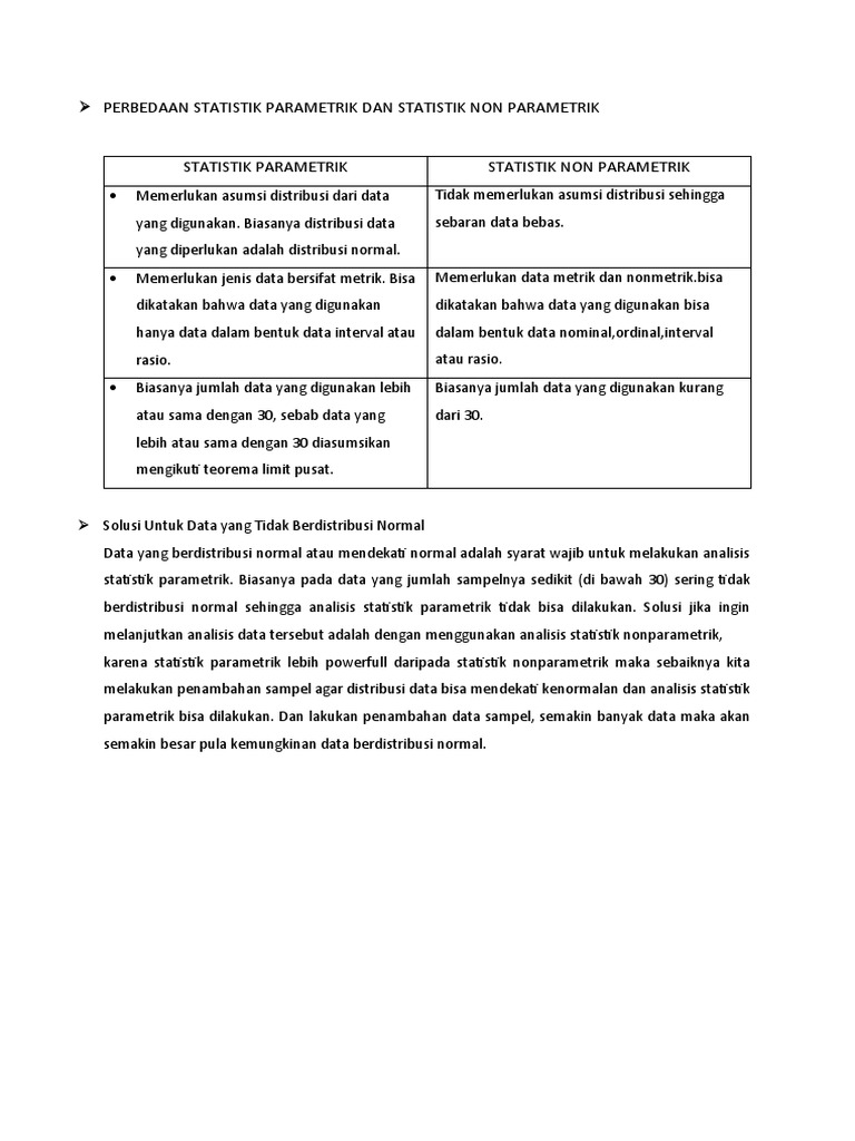 PERBEDAAN STATISTIK PARAMETRIK DAN STATISTIK NON PARAMETRIK.docx | PDF