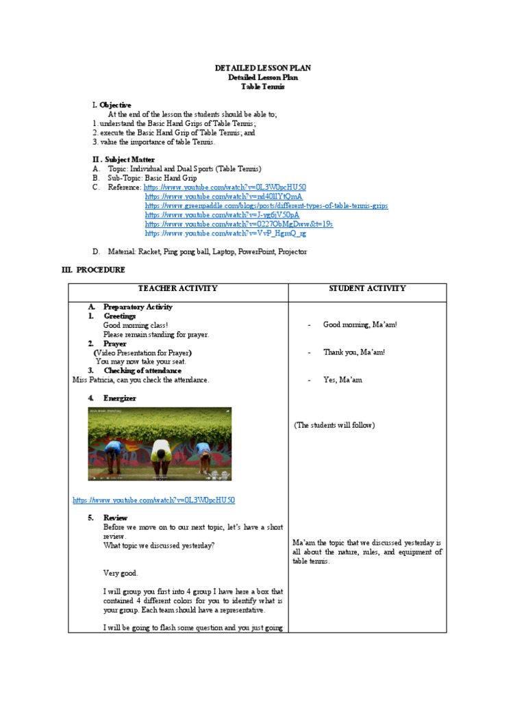 Lesson Plan | PDF | Table Tennis | Games Of Physical Skill
