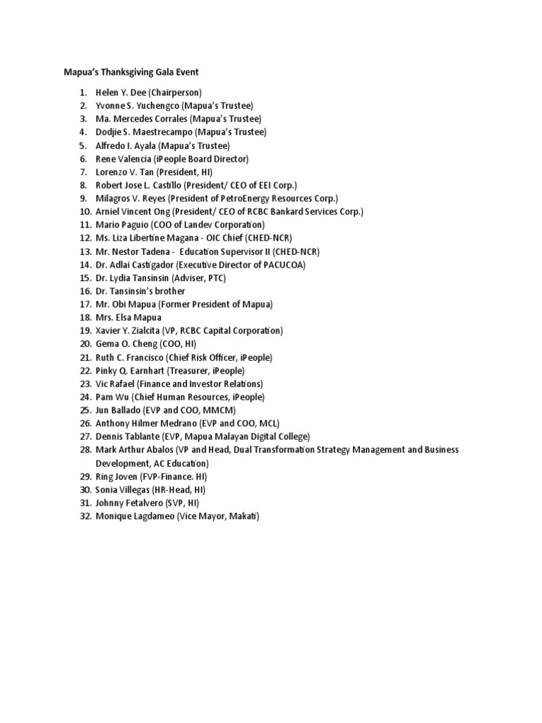 Mapua's Thanksgiving Gala (Guest List) | PDF | Travel