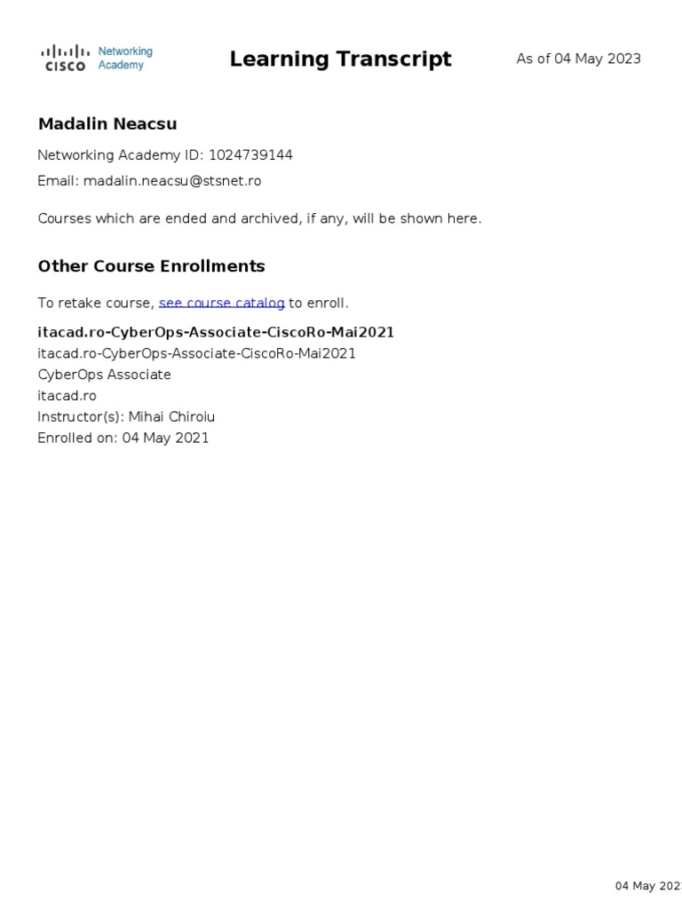 Networking Academy Learning Transcript | PDF