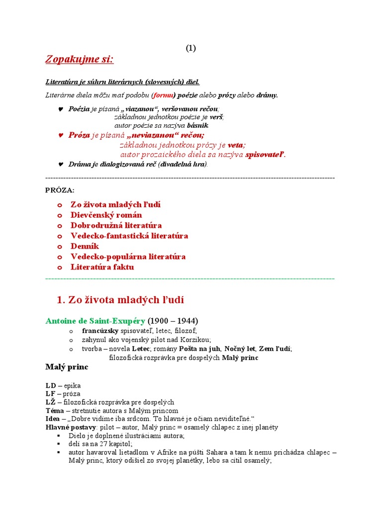 Literatúra 8. Ročník, Poznámky - Próza | PDF