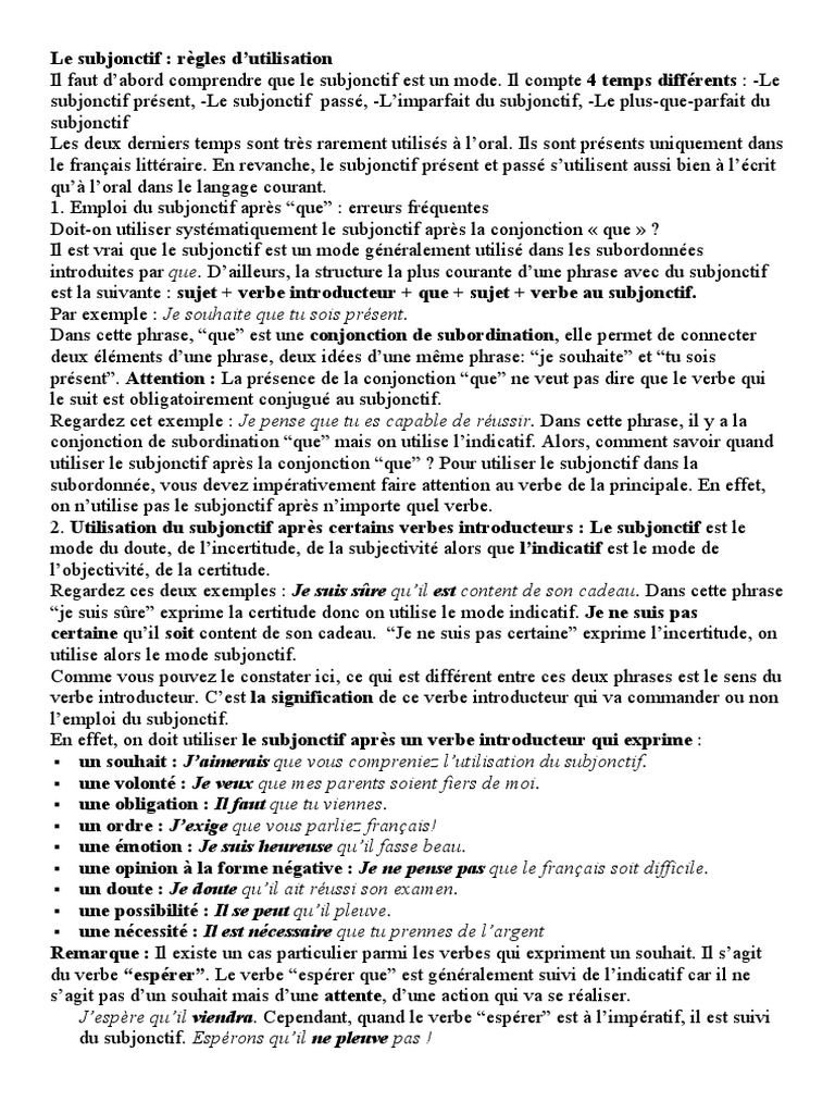 Règles d'utilisation du subjonctif | PDF | Verbe | Phrase