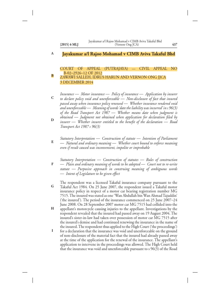 TAB 7 - Jayakumar Al Rajoo Mohamad V CIMB Aviva Takaful BHD | PDF | Legal Liability | Judgment (Law)