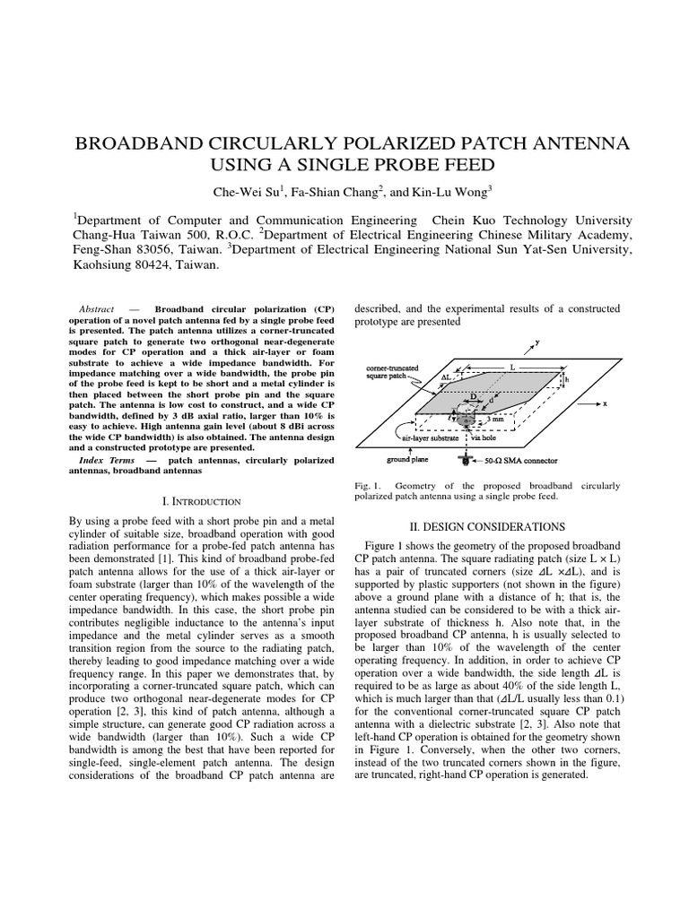 Sucw Single Feed Broadband Cp Patch Antenna Pdf Antenna Radio