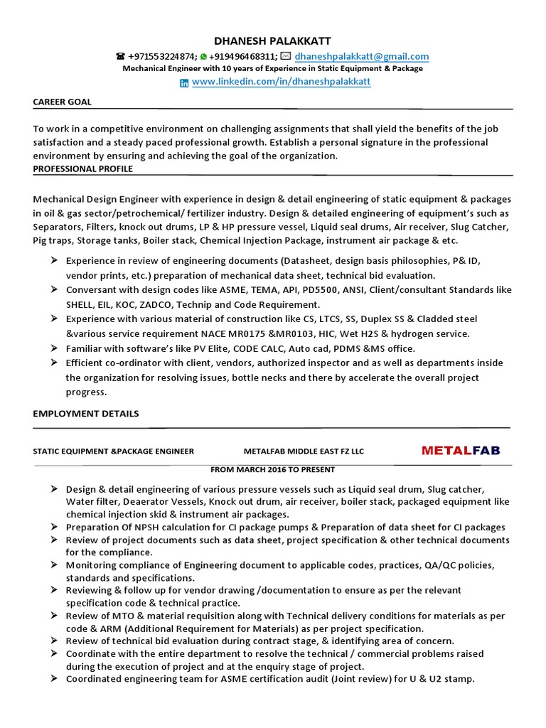 Dhanesh Palakkatt - Resume | PDF | Specification (Technical Standard ...