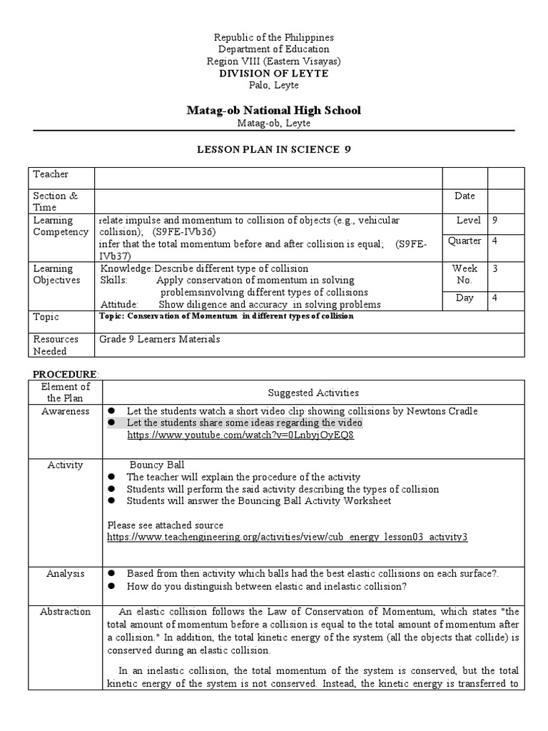 Science 9 DLP Q4W3D4 | PDF | Collision | Momentum