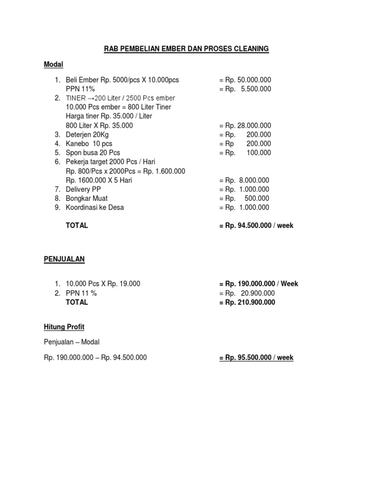 RAB PEMBELIAN EMBER DAN PROSES CLEANING Camputan PDF | PDF
