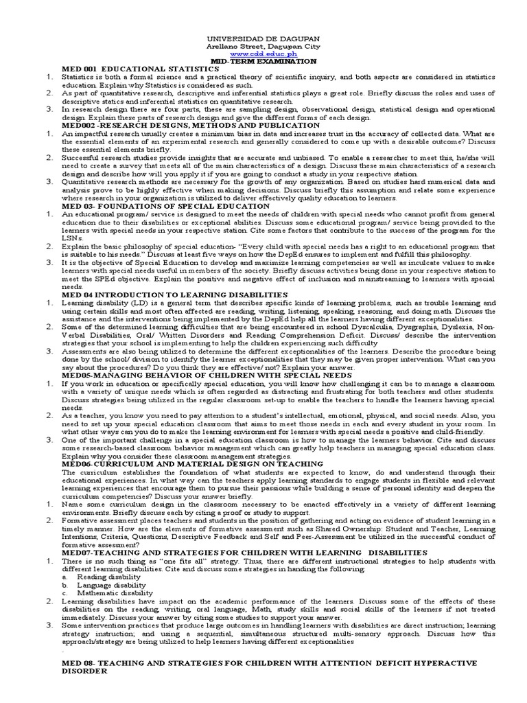 MED SE Midterm Exams MAY 05 | PDF | Learning Disability | Special Education