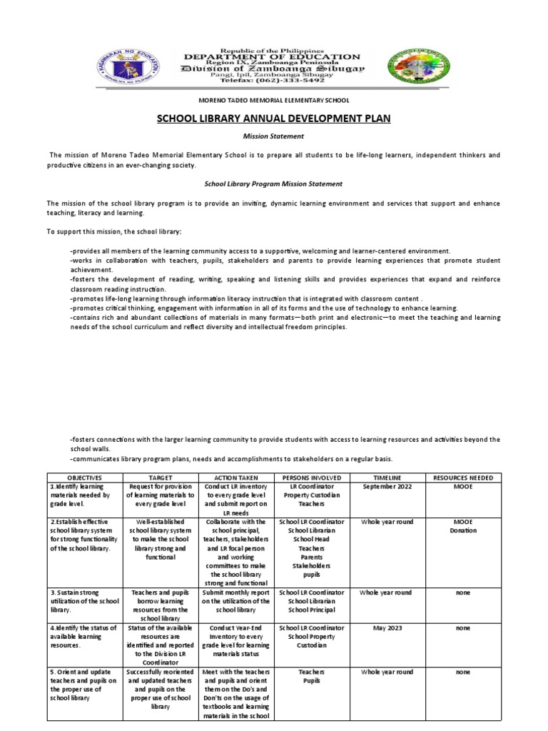 Annual Development Plan | PDF | School Library | Libraries