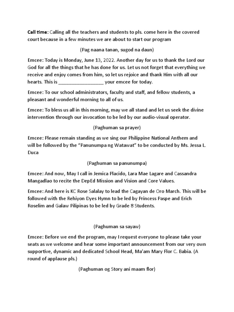 Monday Flag Raising Ceremony Script | PDF | Career & Growth | Language ...