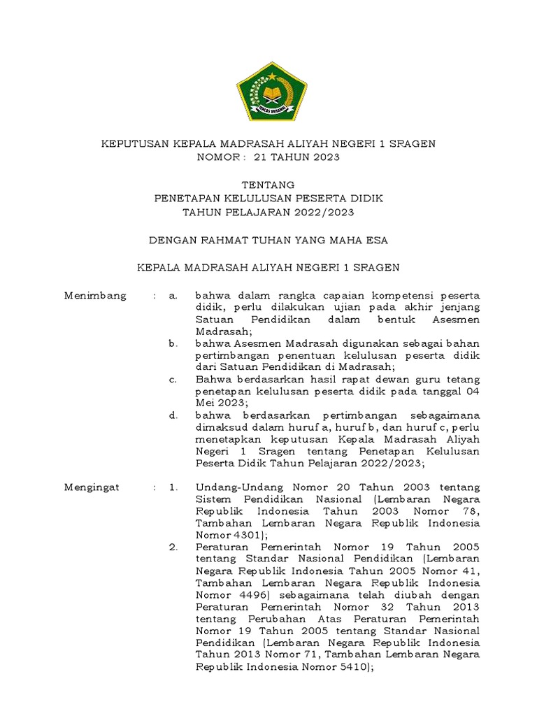 Sk Pengumuman Kelulusan Manegeri1 Sragen 05 Mei 2023 Pdf Pdf
