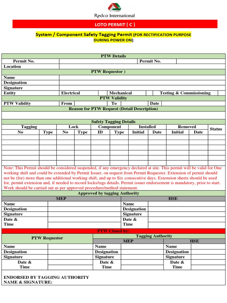 PTW LOTO Permit To Work (C) Details | PDF | Safety
