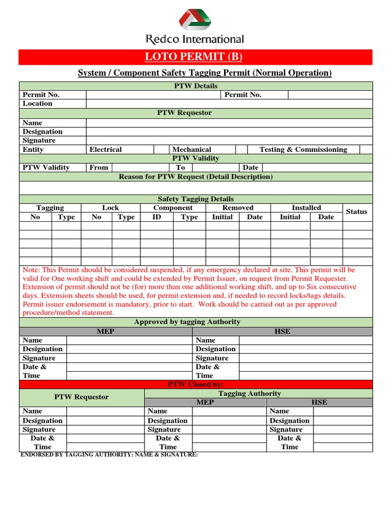 PTW LOTO Permit To Work (B) Details | PDF | Safety