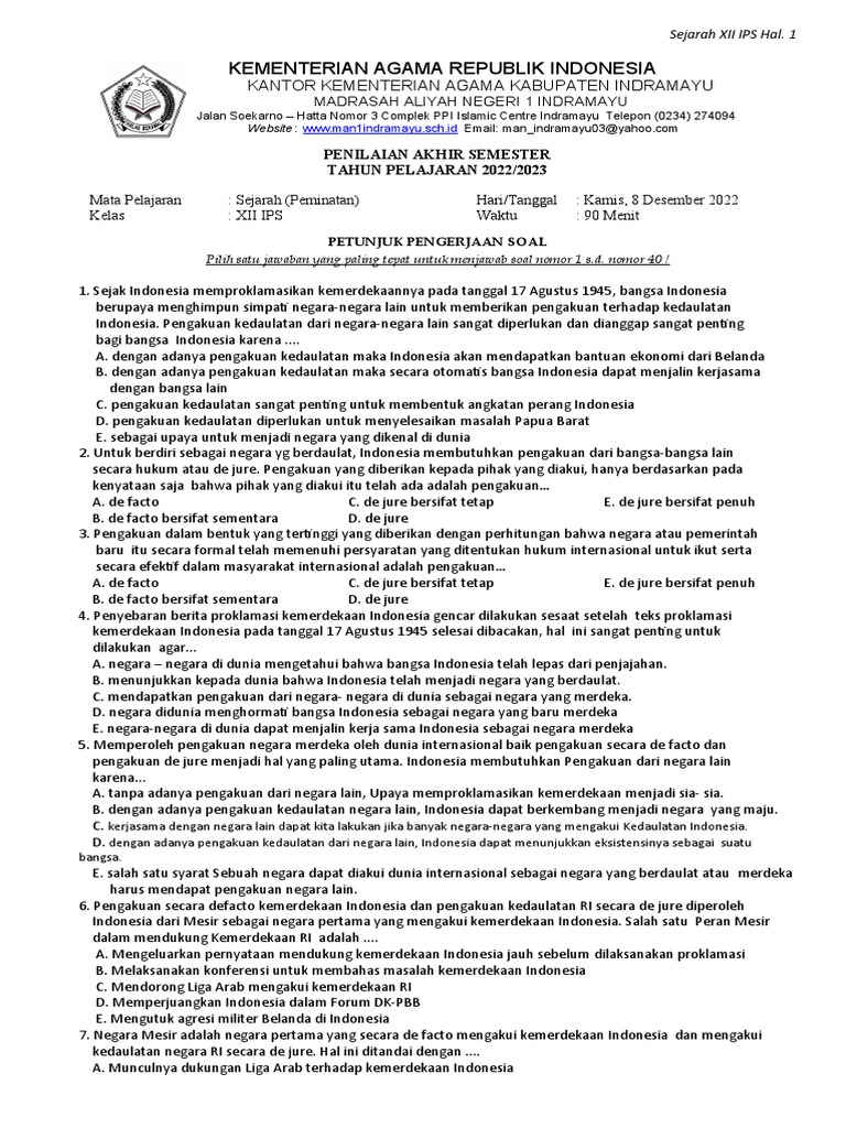 XII IPS Soal Sejarah Kelas 12 IPS 12 Baru Soal Ok Print Desember 2022 HERU GUNTORO Plus Kunci | PDF