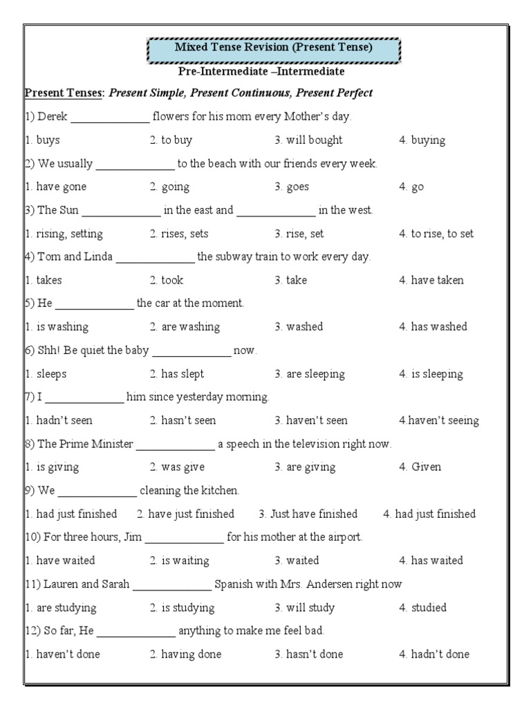 Mixed Tenses Pdf Mixed Tenses Exercises (key Included) ESL Worksheet