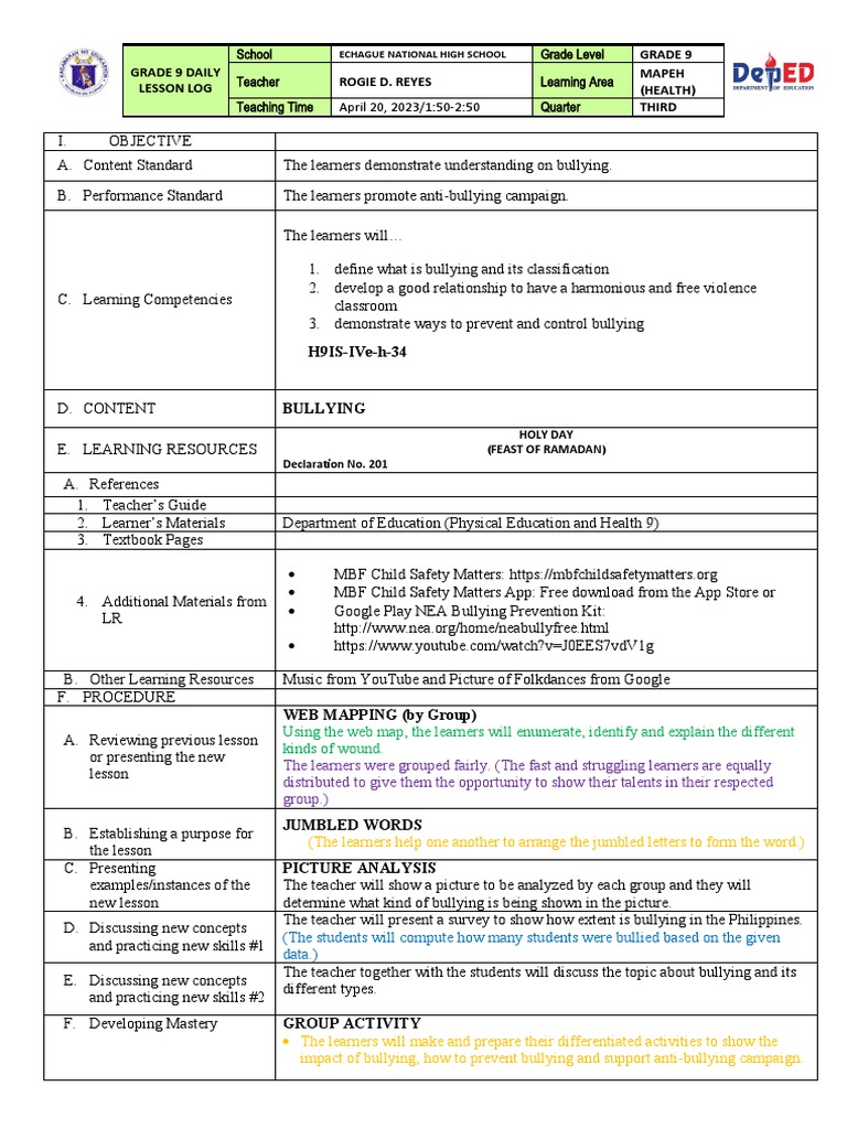 Mapeh 9 Sample DLL | PDF | Learning | Teachers