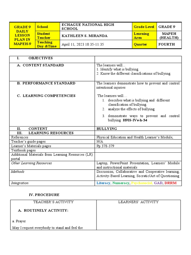 Grade 9 Bullying Prevention Lesson Plan | PDF | Bullying | Cyberbullying