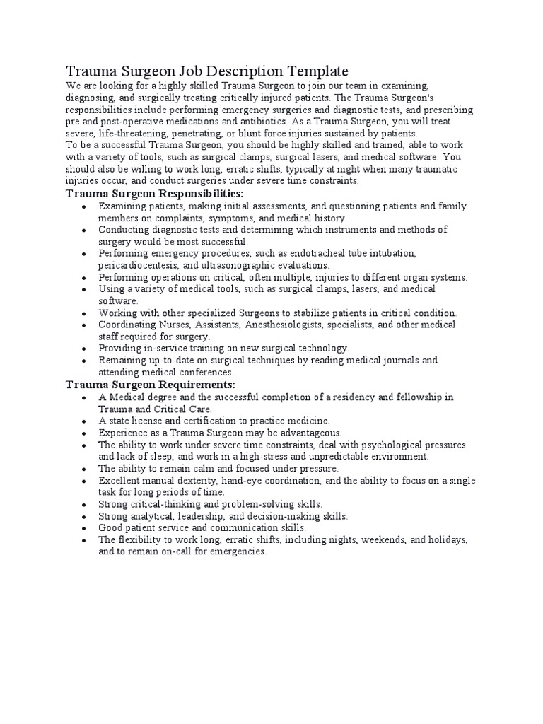 Trauma Surgeon Job Description Template | PDF | Surgery | Injury