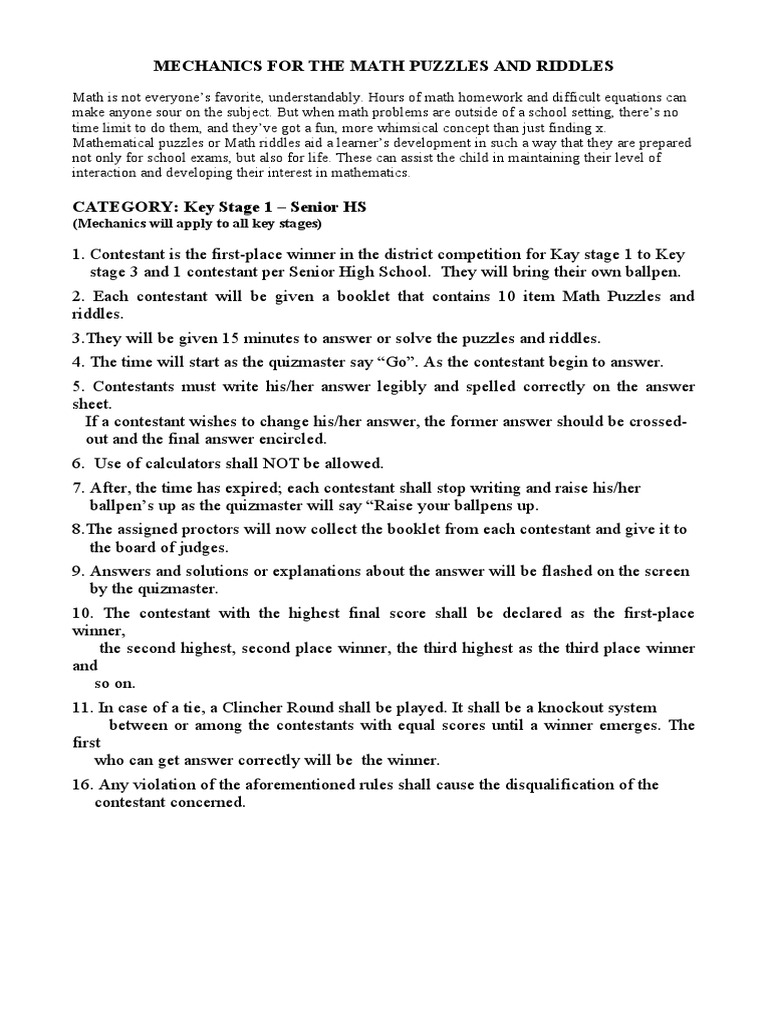 Math Riddles Competition Mechanics | PDF | Teaching Methods & Materials ...