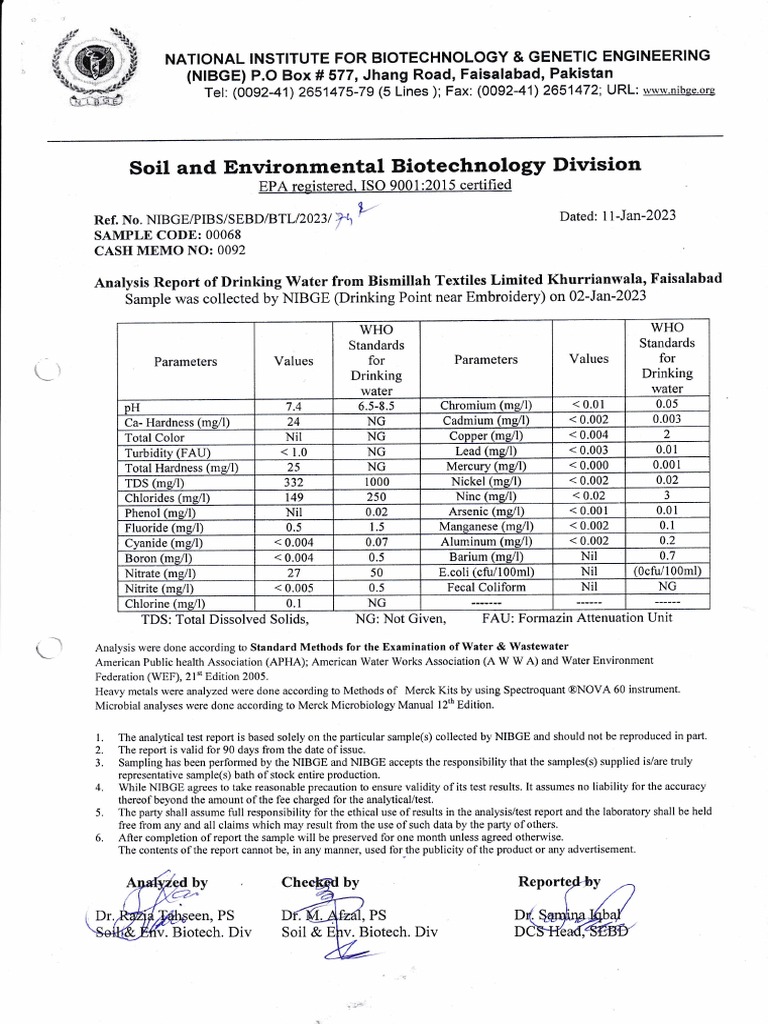 Drinking Water Test Report - NIBGE | PDF | Chemistry | Environmental ...