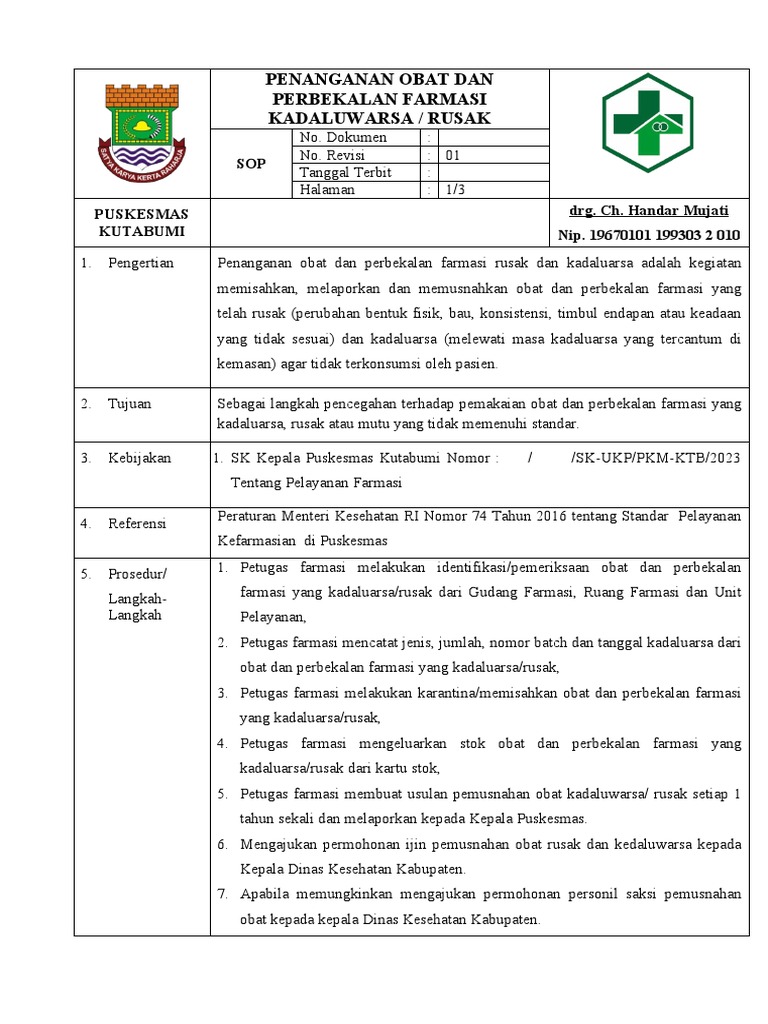 SOP Penanganan Obat Kadaluarsa Apotek | PDF