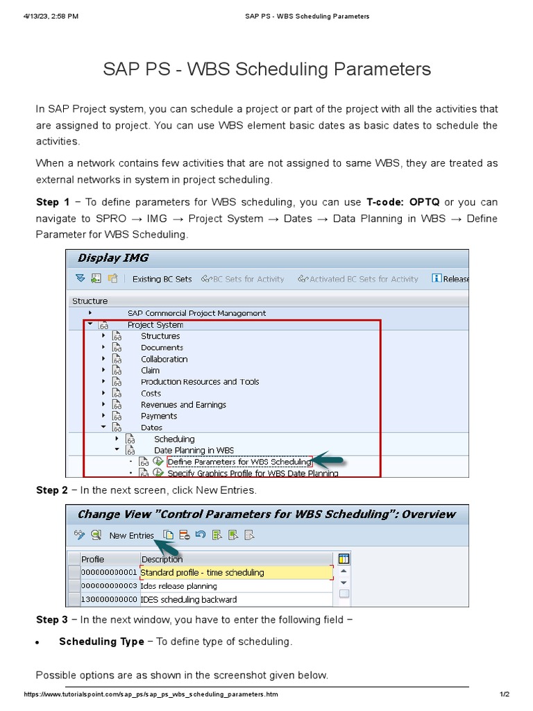 SAP PS - WBS Scheduling Parameters 22 | PDF
