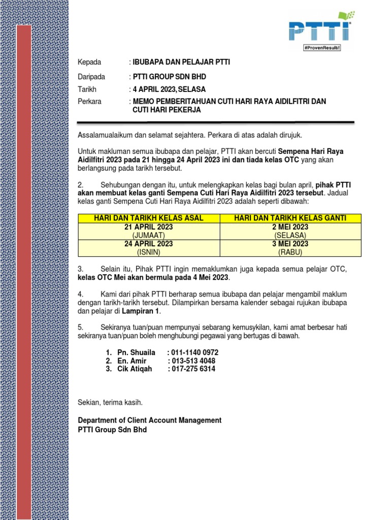 Memo Cuti Hari Raya Aidilfitri 2023 Dan Cuti Hari Pekerja PDF | PDF