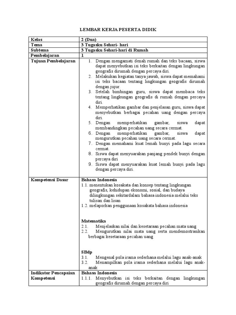 LKPD Kelas 2 Tema 3 Subtema 3 Pembelajaran 1 (SBDP) | PDF