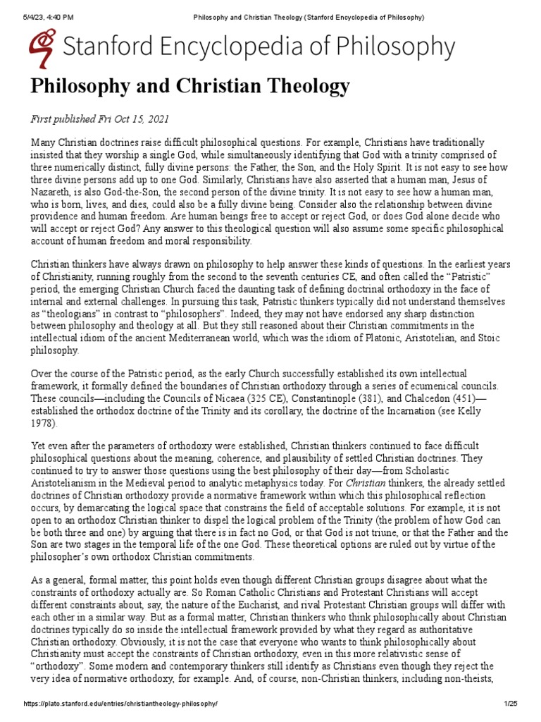 Philosophy and Christian Theology (Stanford Encyclopedia of Philosophy ...