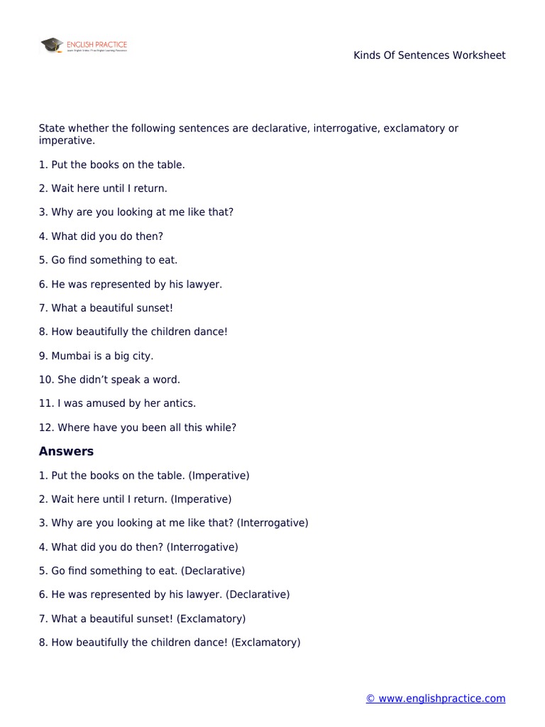 Kinds of Sentences Worksheet with Answers | PDF