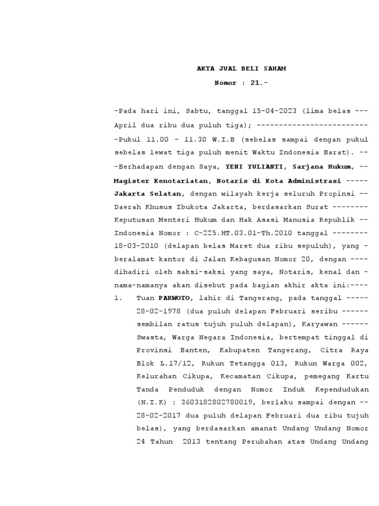 Akta Jual Beli Saham Hasil Pembahasan | PDF