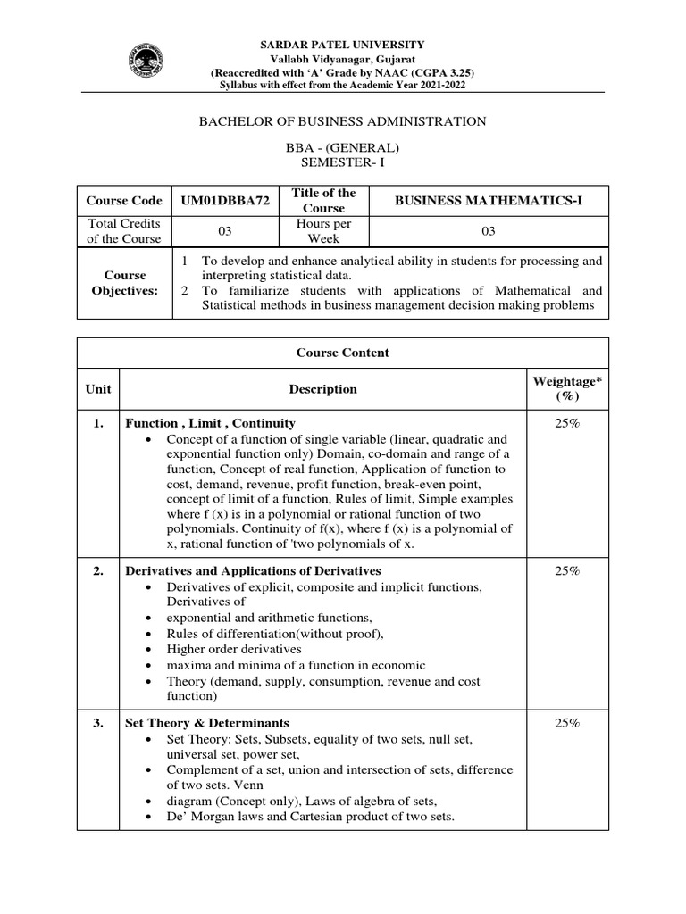 BBA Business Mathematics Syllabus Sem 1 | PDF | Function (Mathematics ...