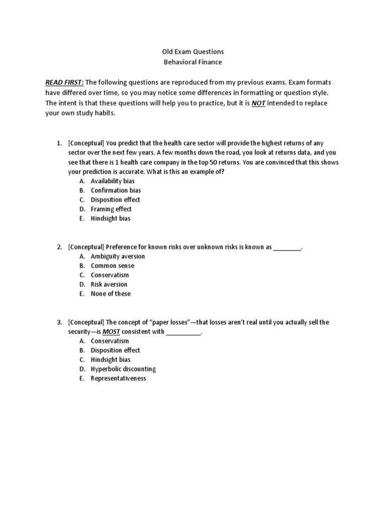 Behavioral Finance Exam Questions | PDF | Bias | Behavioral Economics