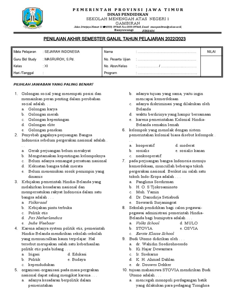 Kop Ujian PAS 2022 Kelas XI Sej Indo | PDF