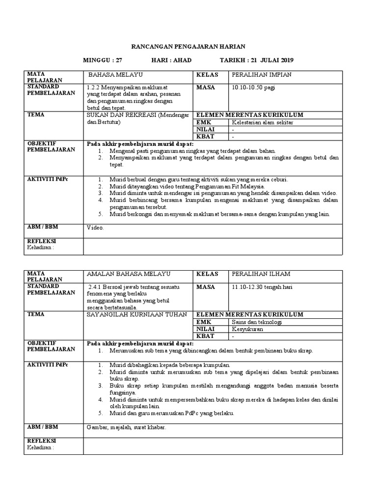 Contoh Rancangan Pengajaran Harian | PDF | Seni & Disiplin Bahasa