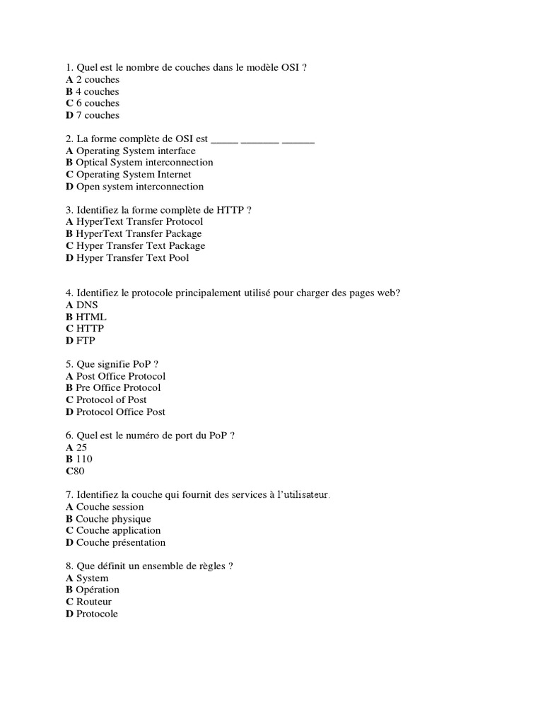 QCM Les Couche en Réseaux | PDF | Protocoles Internet | Protocole de transfert hypertexte