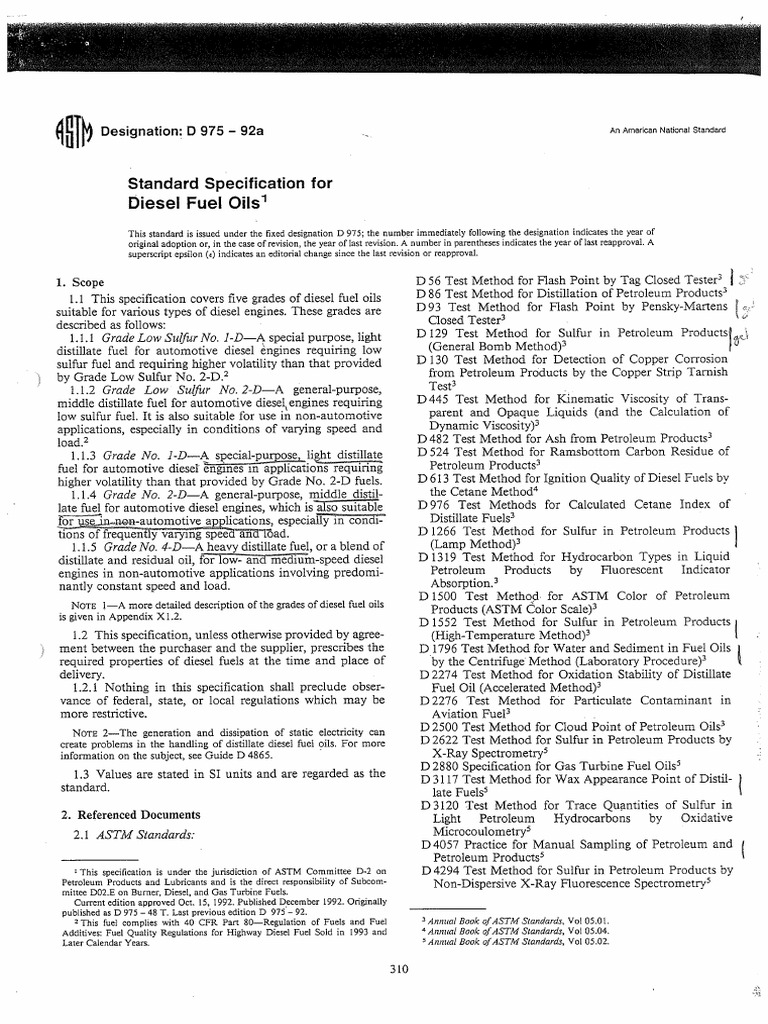 ASTM D 975-92a Standard Specification For Diesel Fuel Oils | PDF