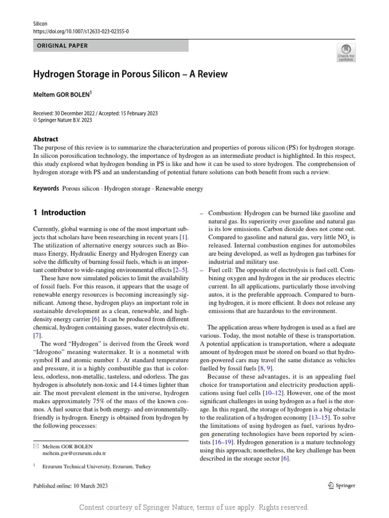 Hydrogen Storage in Porous Silicon - A Review | PDF | Hydrogen | Carbon ...