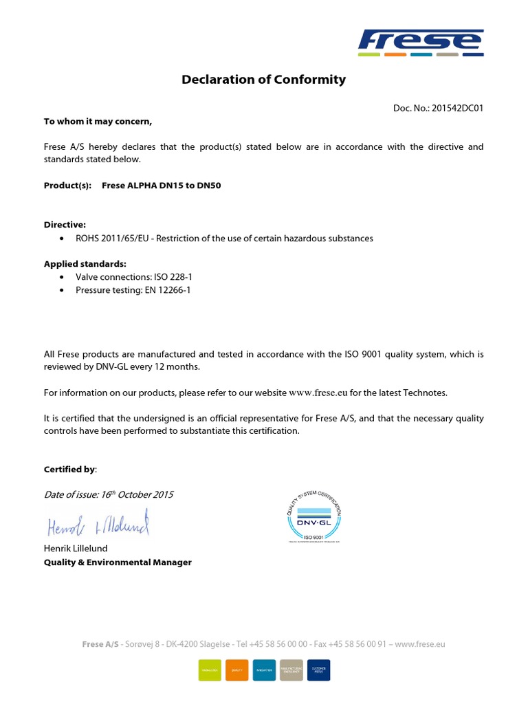 Declaration of Conformity ALPHA DN15-50 - 201542DC01 PDF | PDF