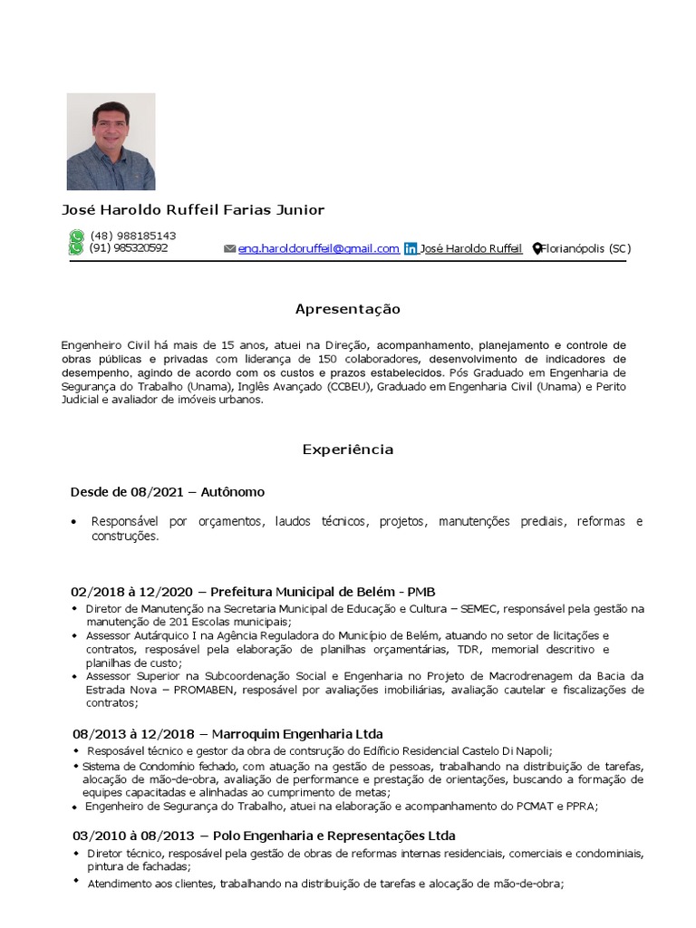 CV José Haroldo Ruffeil PDF | PDF | Engenharia Civil | Engenharia