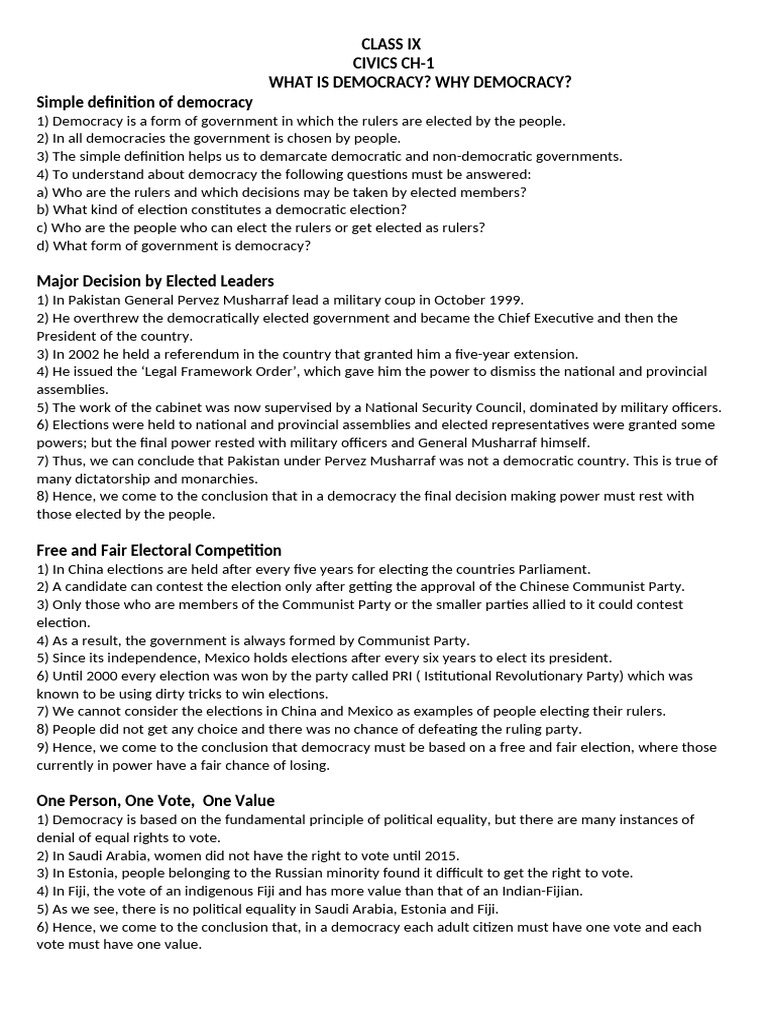 9 Civics Ch-1 Notes | PDF | Democracy | Political Ideologies